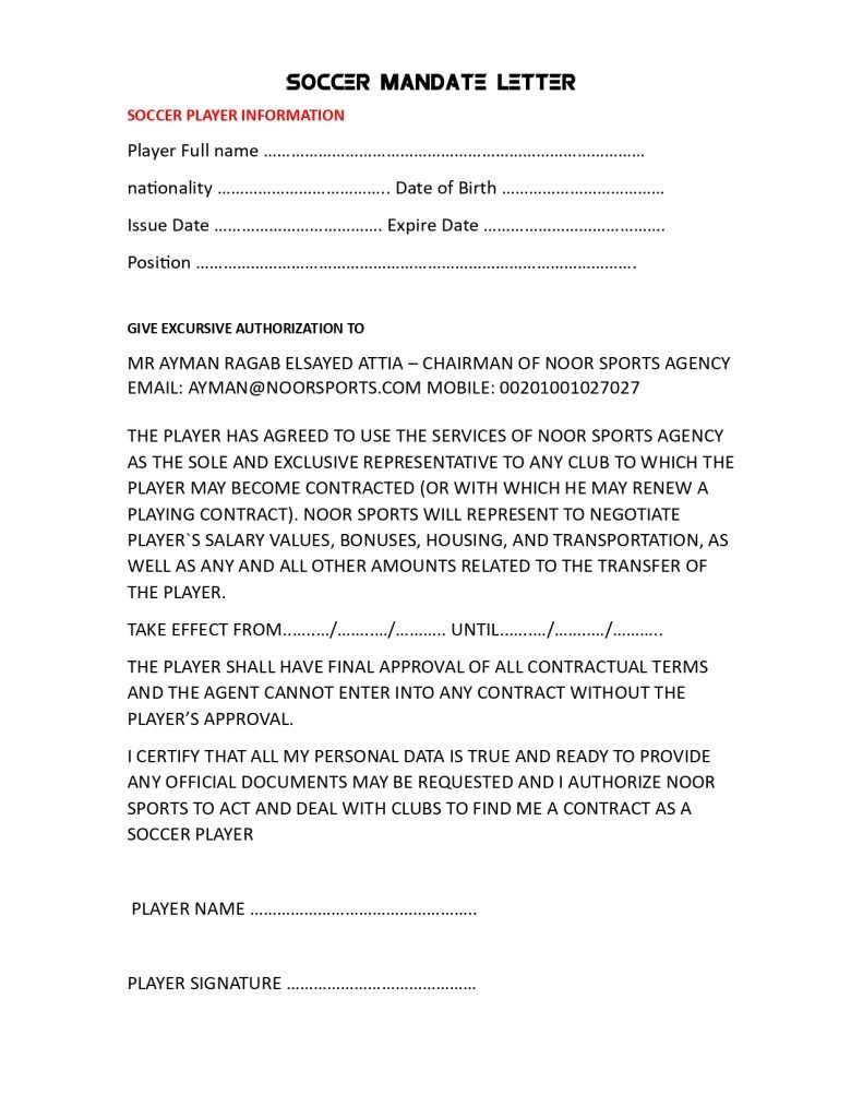 Mandate Letter | Noor Sports Agency